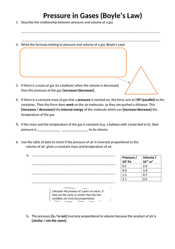 KS4 GCSE Physics: Pressure in Gas (Boyle's Law) Formula Worksheet with ...