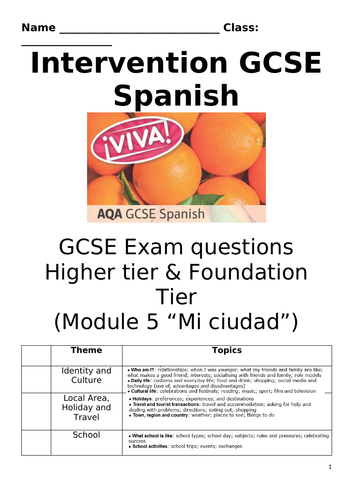 VIVA AQA GCSE - Module 5 “Mi Ciudad” Writing Speaking Q.A Booklet ...