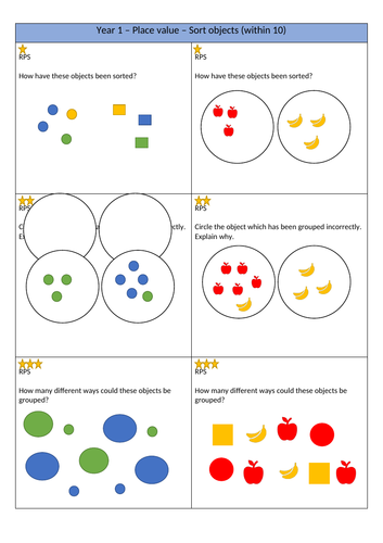 Year 1 Place Value Sorting Objects Teaching Resources
