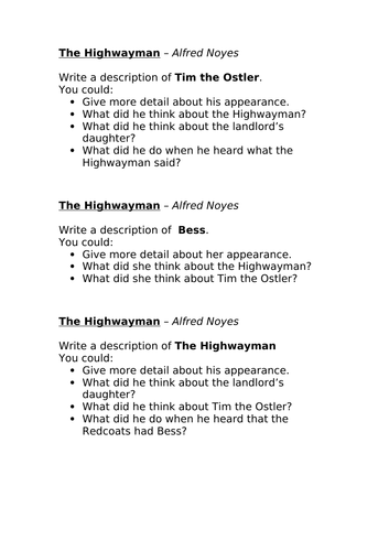 The Highwayman (Alfred Noyes) Characters On Trial | Teaching Resources