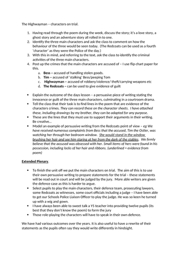 The Highwayman (Alfred Noyes) Characters On Trial | Teaching Resources