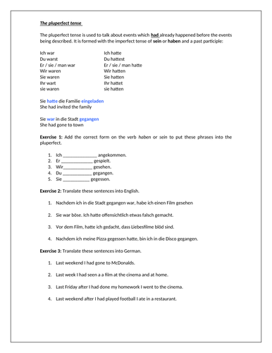Pluperfect tense | Teaching Resources