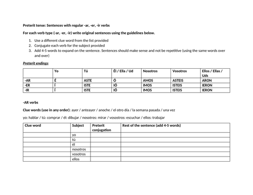 Preterit regular verbs sentence practice | Teaching Resources