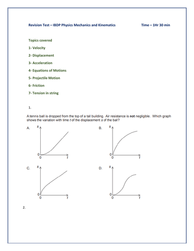 Physics Mechanics -Kinematics Revision Test - and Ans Key | Teaching ...