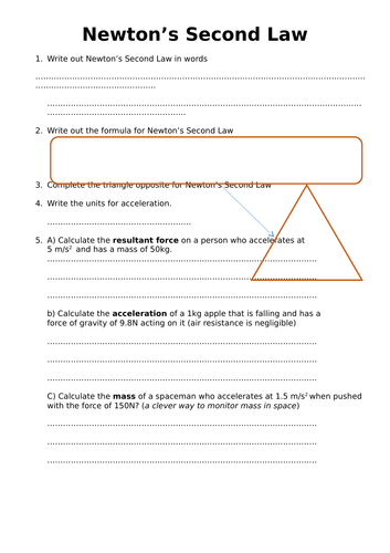 KS4 GCSE Physics: Newton's 2nd Law F=ma Formula Worksheet with ...