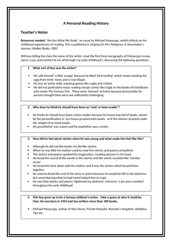 Year 7: My Personal Reading History | Teaching Resources