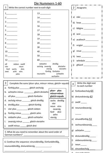 German numbers 1-60 Conti style worksheet | Teaching Resources