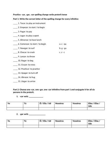 Preterit car gar zar worksheet practice | Teaching Resources