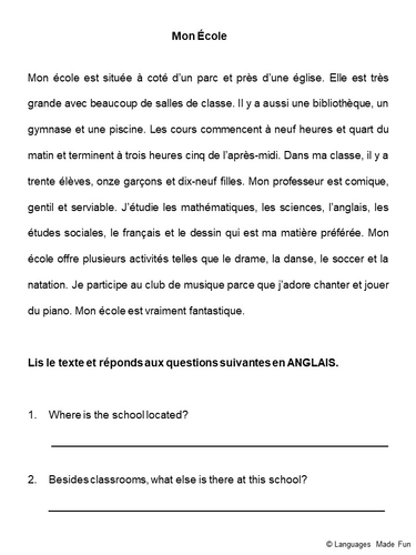 French Reading Comprehension Worksheets - La Compréhension | Teaching ...