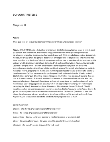 A LEVEL FFRENCH REVISION SHEET BONJOUR TRISTESSE a close look at ...