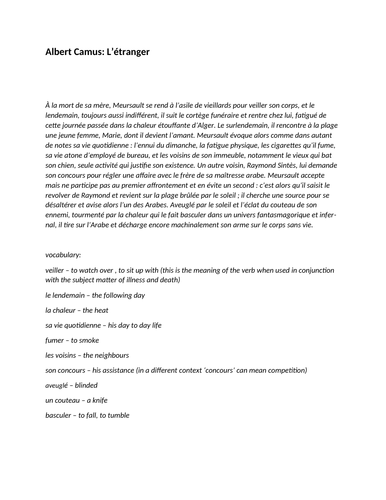 Albert Camus: L’étranger A LEVEL FRENCH LITERATURE exam questions ...