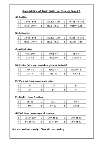 Consolidation of number skills for Year 6 - five worksheets with ...