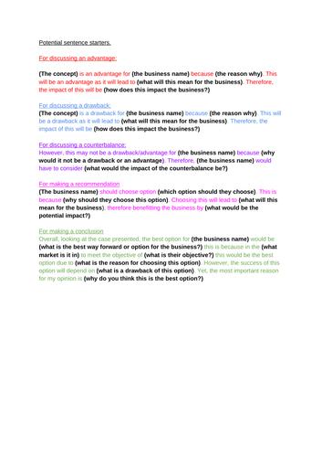 GCSE Business Sentence Starters | Teaching Resources