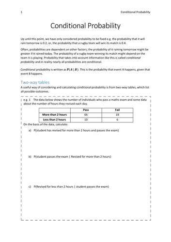Conditional Probability (Year 2 A Level Maths): class notes + questions ...