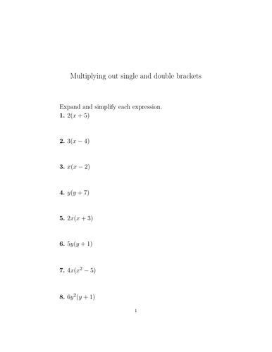Multiplying out single and double brackets worksheet (with solutions ...