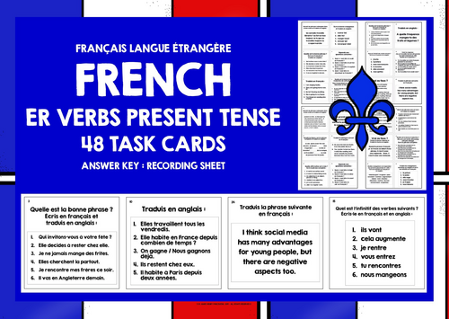 FRENCH ER VERBS PRESENT TENSE CHALLENGE CARDS | Teaching Resources