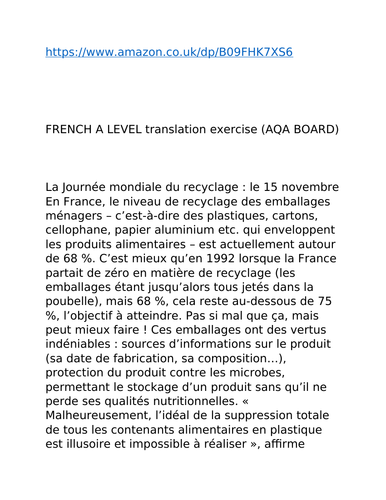 French A Level AQA BOARD translation exercise on the Environment as ...
