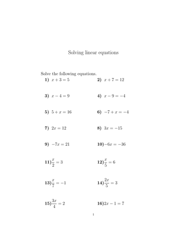 Solving linear equations (introductory) worksheet (with solutions ...