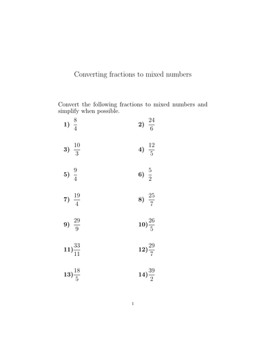 Converting fractions to mixed numbers worksheet no 2 (with solutions ...