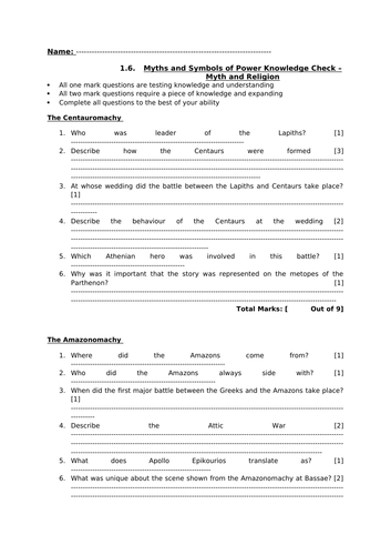Revision Fill-In Booklet - Myth and Religion GCSE Classical ...