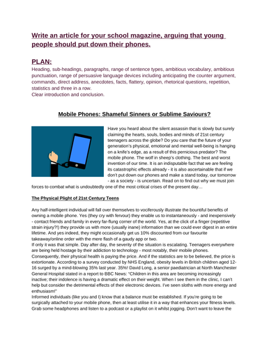 Model Example KS3/4 - Write an article for school magazine arguing that ...