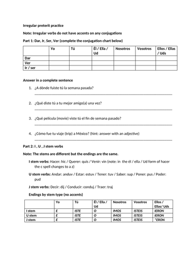 Preterit irregular verbs worksheet practice | Teaching Resources
