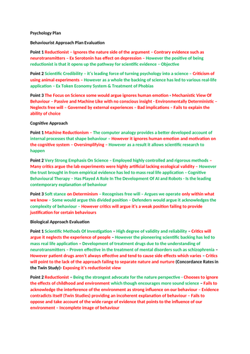 Approaches Psychology A-Level Evaluation Plans | Teaching Resources