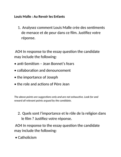 Louis Malle : Au Revoir les Enfants: A LEVEL FRENCH mock exam questions ...