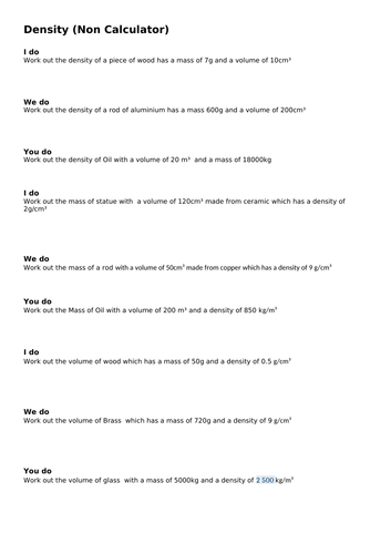 Density Non Calculator Questions | Teaching Resources