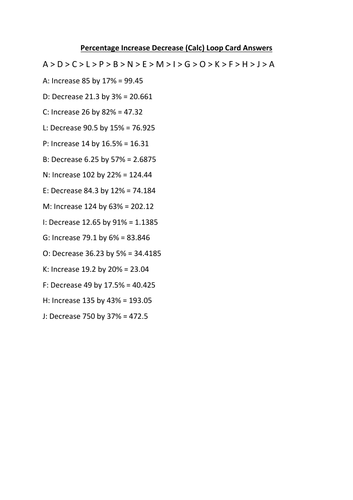 Percentage Increase & Decrease Loop Cards | Teaching Resources