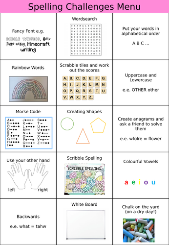Spelling Menu | Teaching Resources