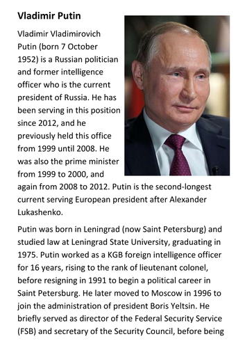 Vladimir Putin Handout | Teaching Resources