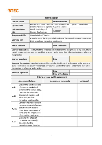 BTEC App Sci 8A Assignment Brief (First, Resub & Retake) | Teaching ...
