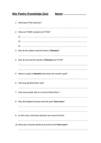 English Literature War Poetry SOW (Remains, A Dead Boche, Anthem for ...