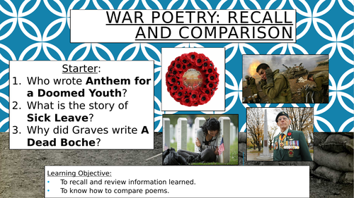 English Literature War Poetry SOW (Remains, A Dead Boche, Anthem for ...
