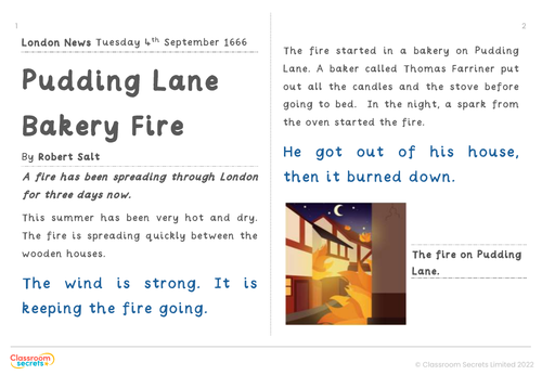 Year 1 Reading Skills - Pudding Lane Bakery Fire | Teaching Resources