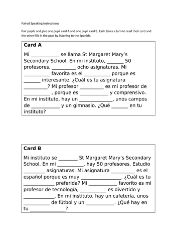 Spanish Paired Speaking - Mi Instituto | Teaching Resources