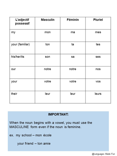 Les Adjectifs Possessifs - Possessive Adjectives in French | Teaching ...