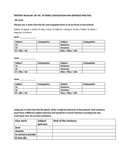 Preterit ar er ir verb conjugation and sentence worksheet | Teaching ...