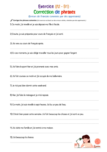 [French writing] 12 incorrect sentences to correct, with answer key ...