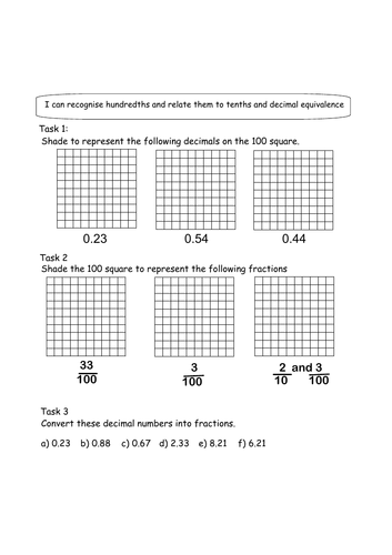 Hundredths and Tenths using 100 square | Teaching Resources