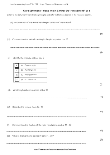 Schumann Piano Trio Listening Tests - Edexcel A level Music | Teaching ...