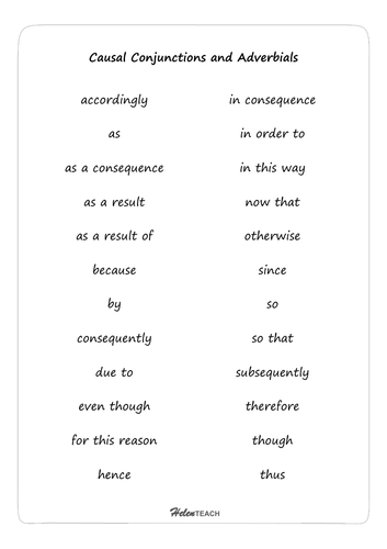 Causal Conjunctions and Adverbials List | Teaching Resources