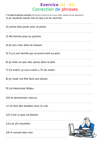 [French writing] 14 incorrect sentences to correct, with answer key ...