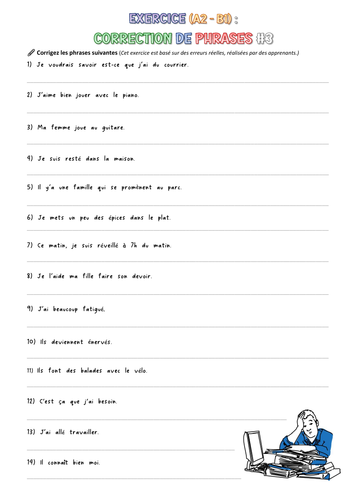 [French writing] 14 incorrect sentences to correct, with answer key ...