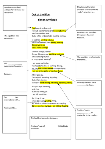 Out of the Blue by Simon Armitage analysis sheet | Teaching Resources