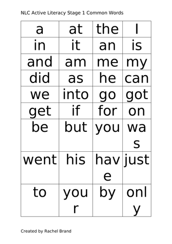 NLC Active Literacy Common Word Assessment Stage 1 | Teaching Resources