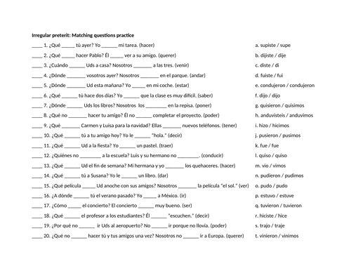 Irregular preterit questions matching practice | Teaching Resources