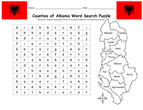 Albania Counties Printable Map and Word Search Puzzle Activity ...