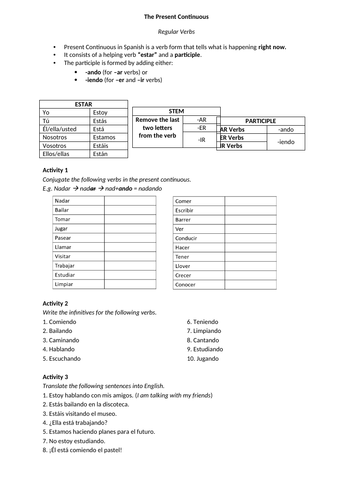 Spanish - Present Continuous Tense | Teaching Resources